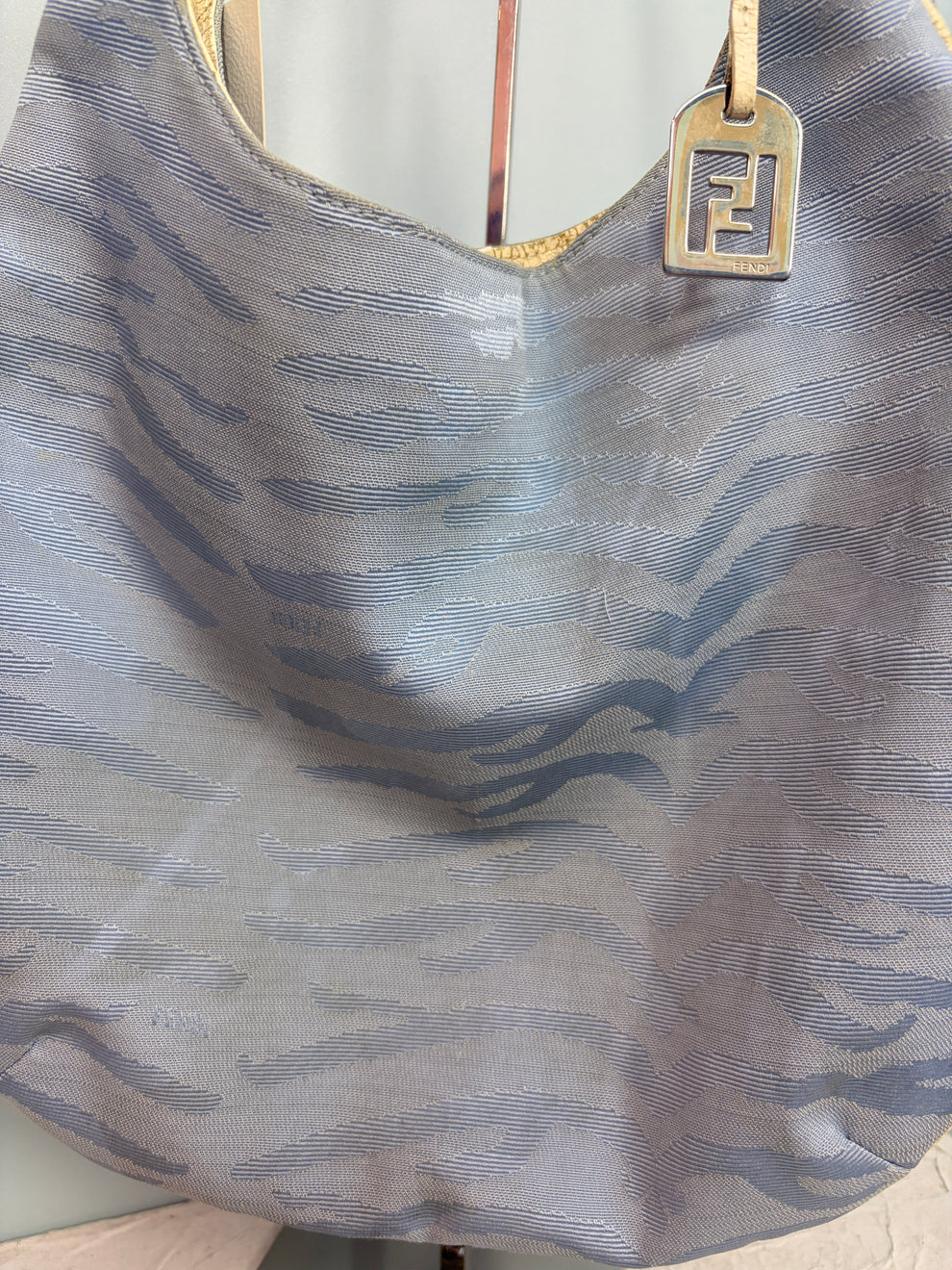 Fendi Oyster Bag in Blue Zebra Print with White Leather Trim – Thirteen ...